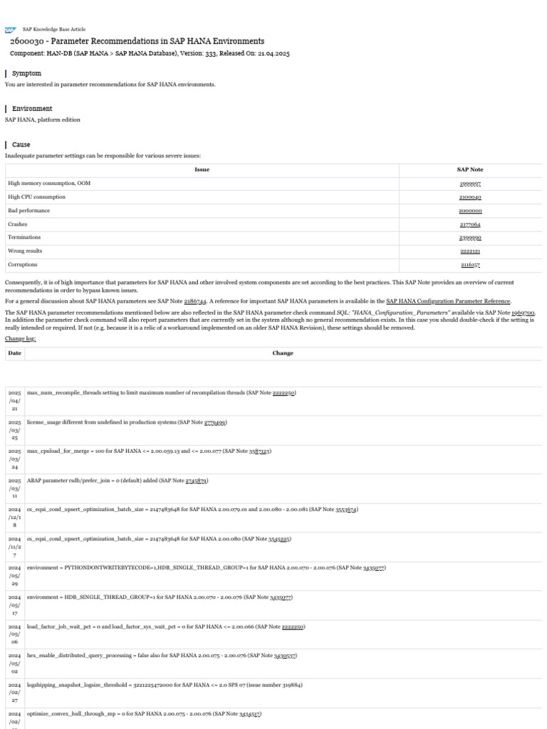 Parameter Recommendations in SAP HANA Environments v333 | PDF | Thread (Computing) | Computer ...