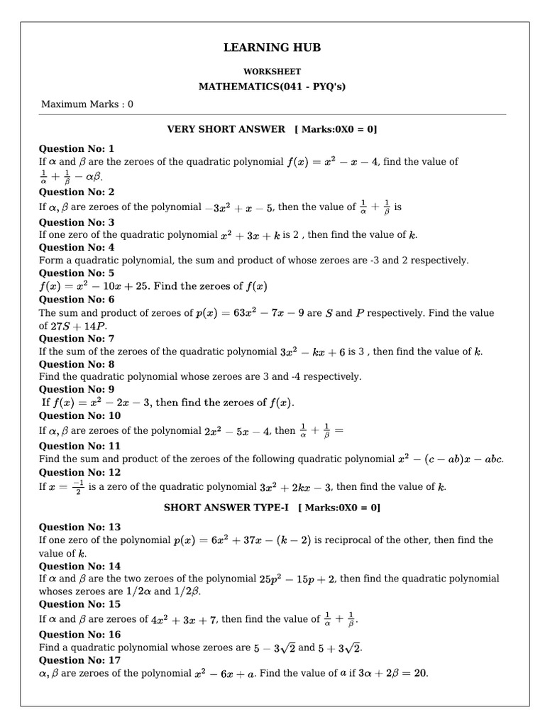 MATHEMATICS (041 - PYQ's) (06 - 05 - 2025) | PDF | Zero Of A Function | Polynomial