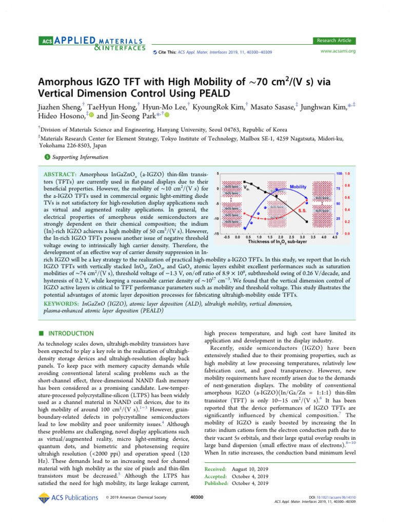 Sheng Et Al 2019 Amorphous Igzo TFT With High Mobility of 70 Cm2 (V S) Via Vertical Dimension ...