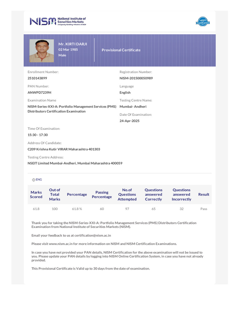 NISM PMS Certification Provisional Result | PDF