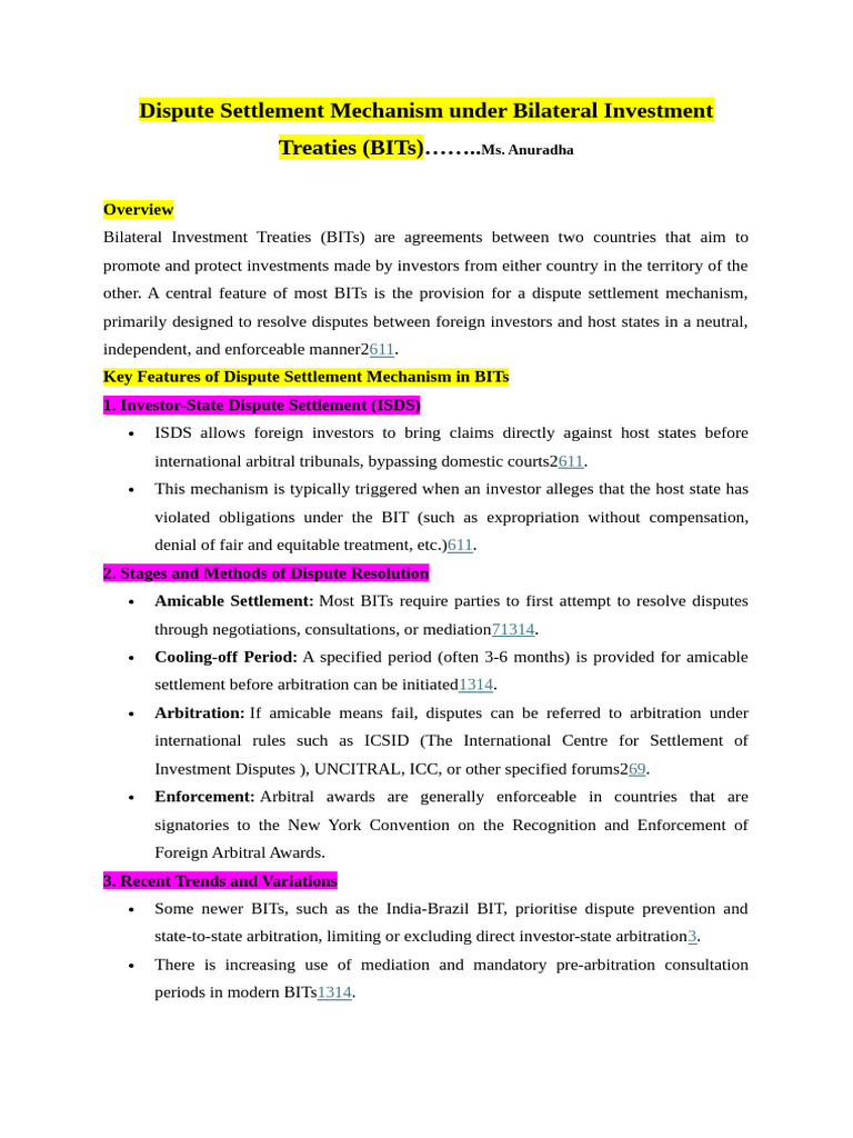 BIT Dispute Settlement Mechanisms Explained | PDF | Arbitration ...