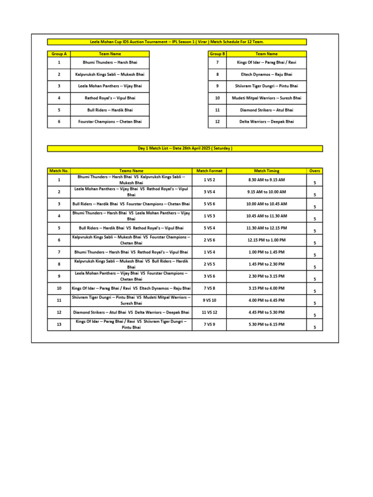 IDPL Auction Tournament Season 1 Leela Mohan Cup (Virar) 2025match Schedules | PDF | Stationery