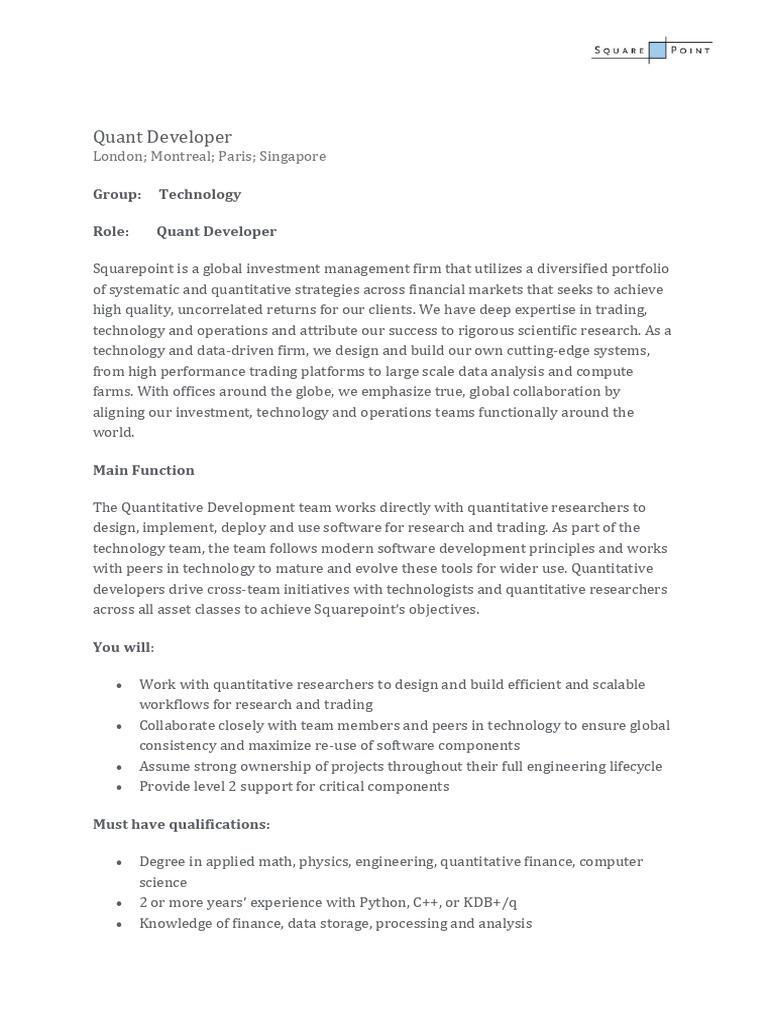 Squarepoint Capital - Quantitative Developer 2023 | PDF