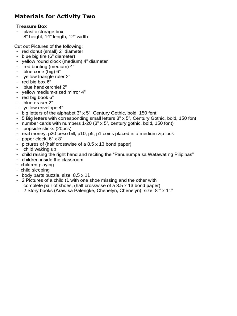 Materials For Activity Two Treasure Box | PDF