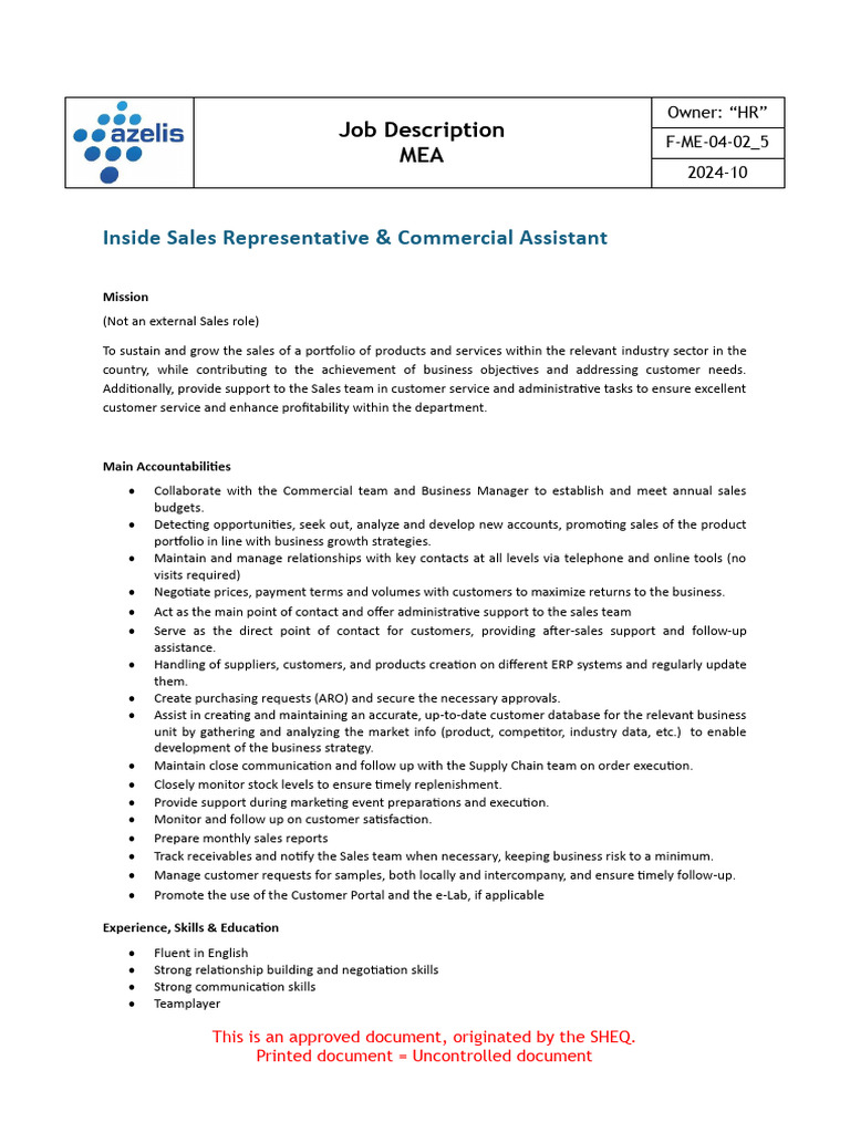 Inside Sales & Commercial Assistant | PDF | Sales | Customer