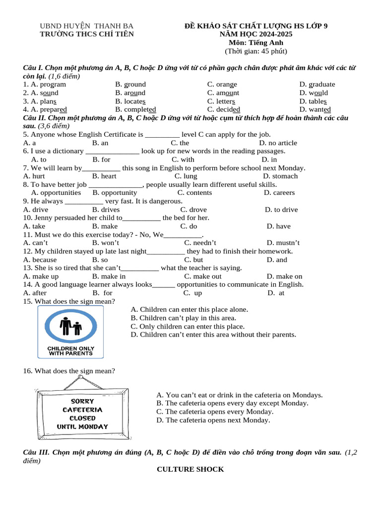 English Test for 9th Graders 2024-2025 | PDF | English Language