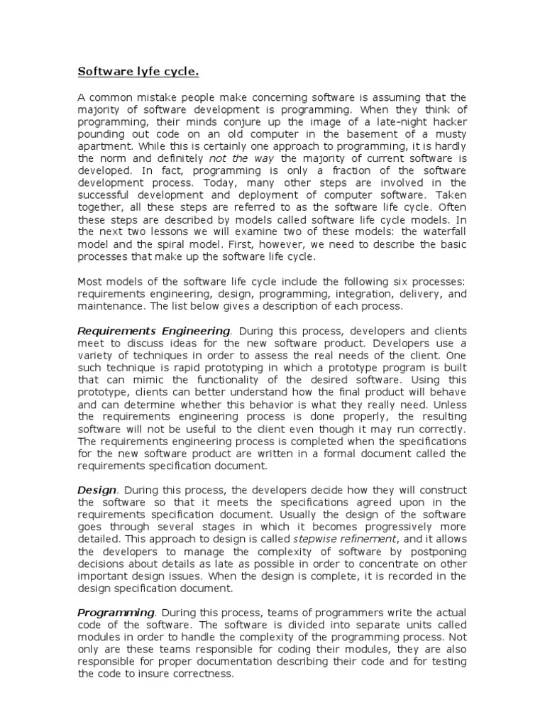 An Overview of the Key Processes Involved in the Software Life Cycle ...