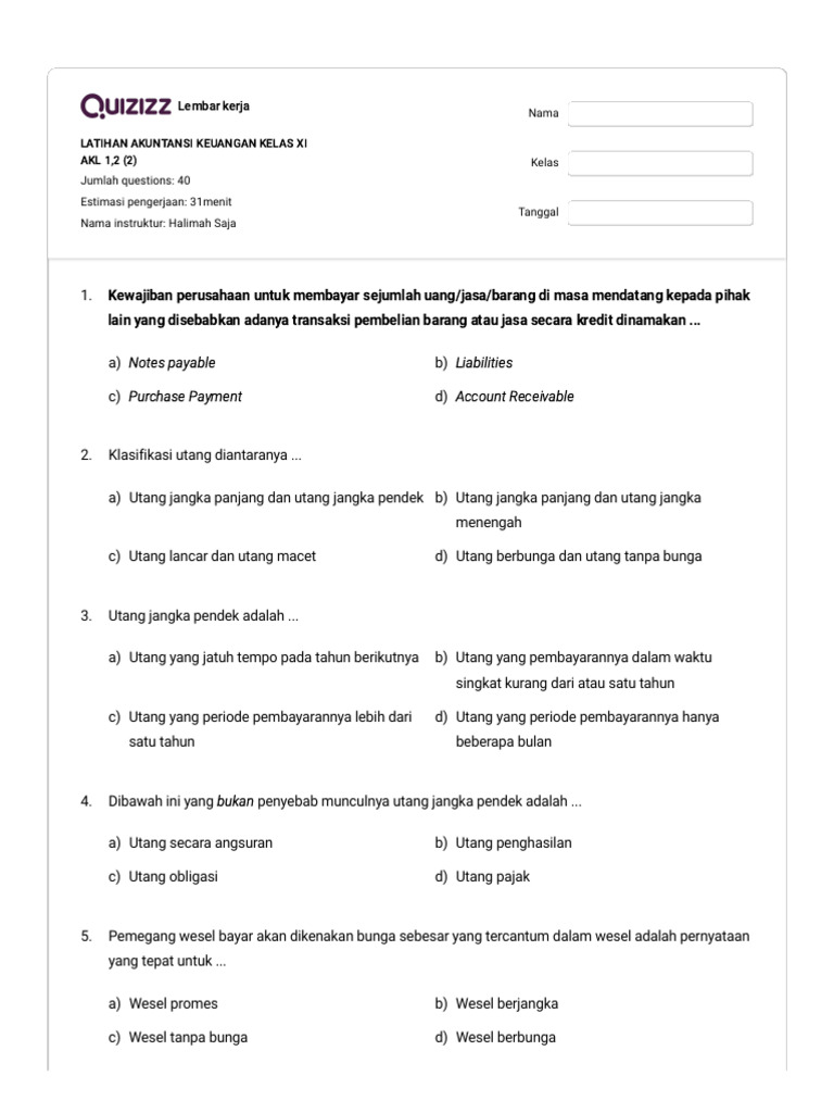 Latihan Akuntansi Keuangan Kelas Xi Akl 1,2 (2) - Quizizz | PDF