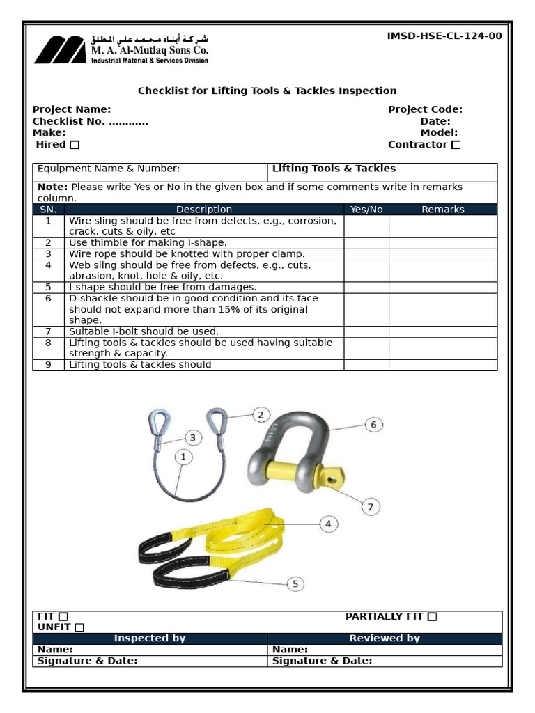Checklist For Lifting Tools & Tackles Inspection | PDF