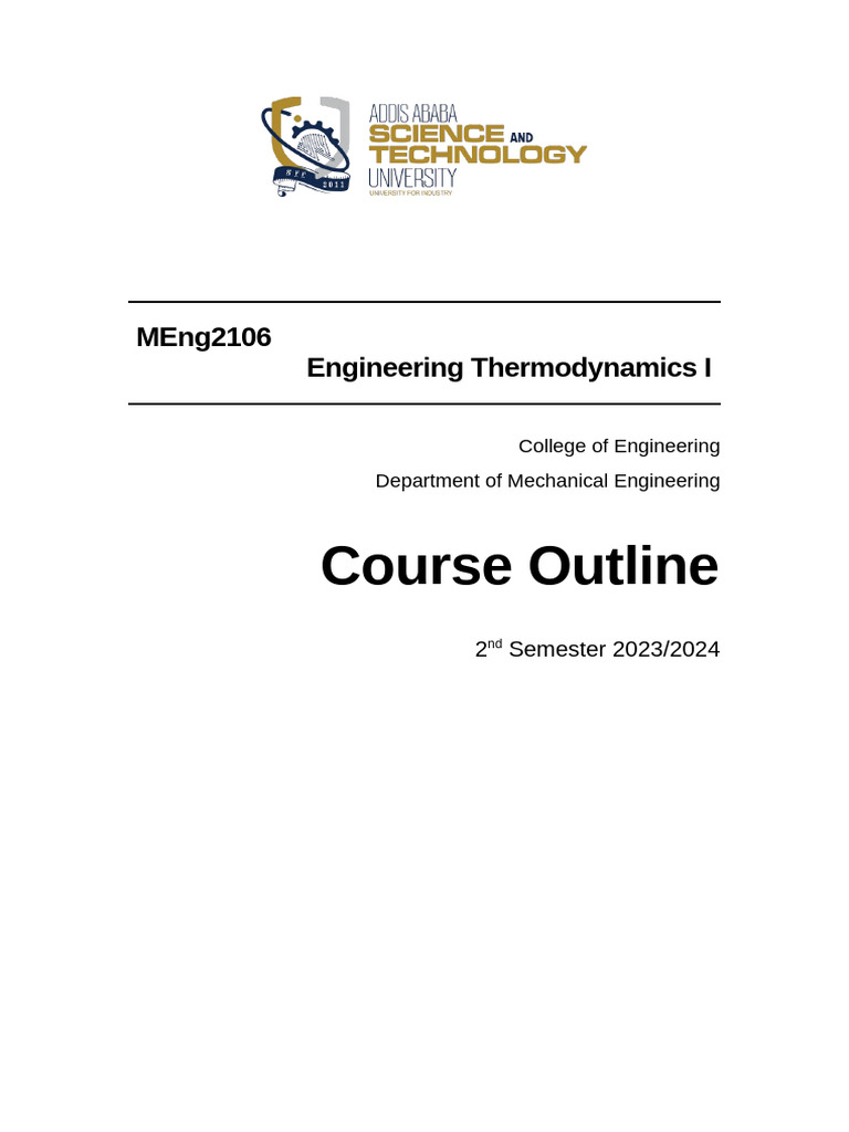 MEng2106 - Engineering Thermodynamics - Course Outline | PDF | Heat | Thermodynamics