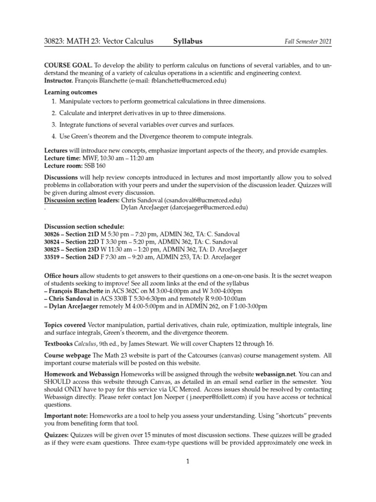 Math 023 Fall 2021 Syllabus | PDF | Integral | Calculus