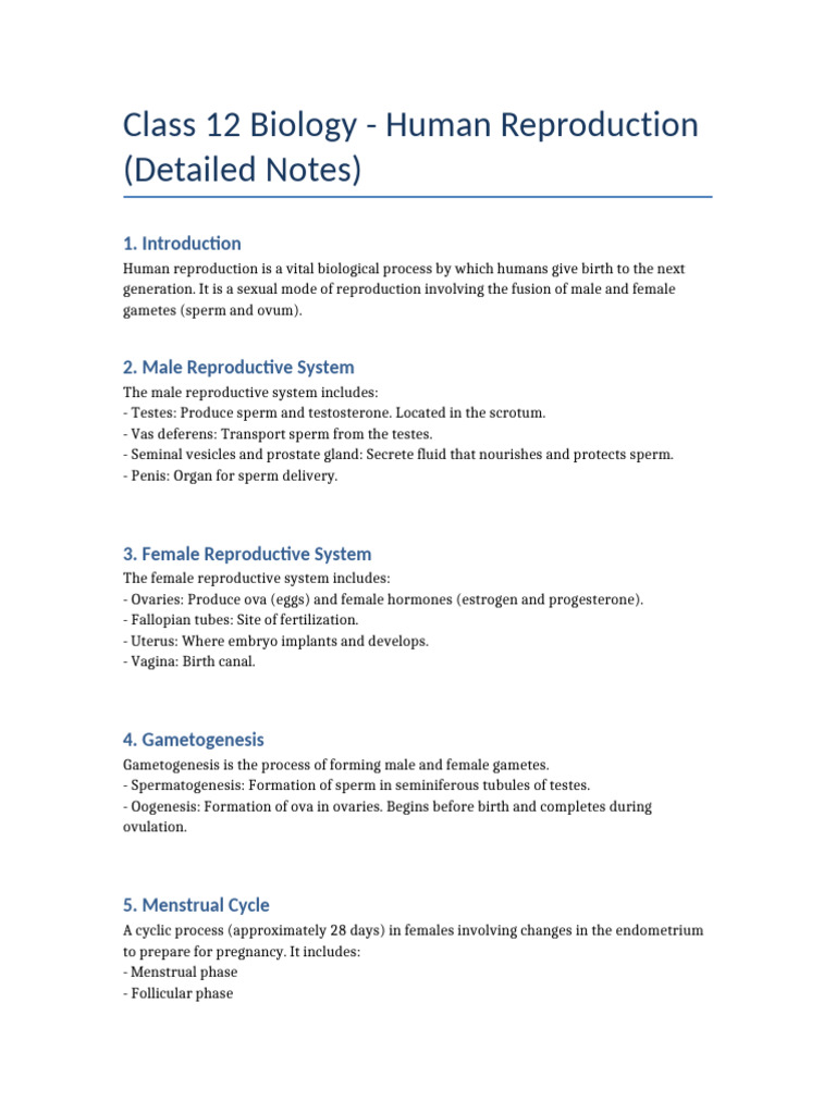 Human Reproduction Class 12 Notes | PDF