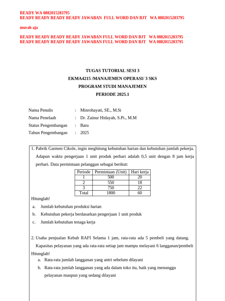 Ready Wa 0882015283795 Jawaban Tugas 3 Manajemen Operasi | PDF