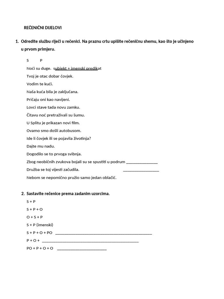 Rečenični Dijelovi - Vježbe | PDF