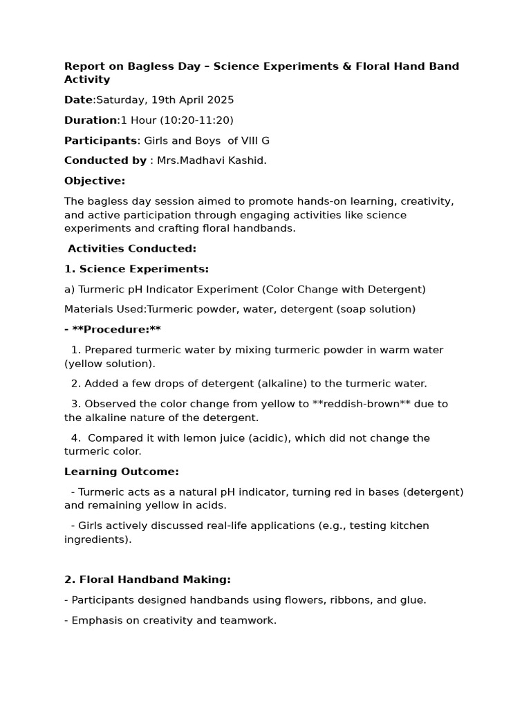 Report On Bagless Day | PDF