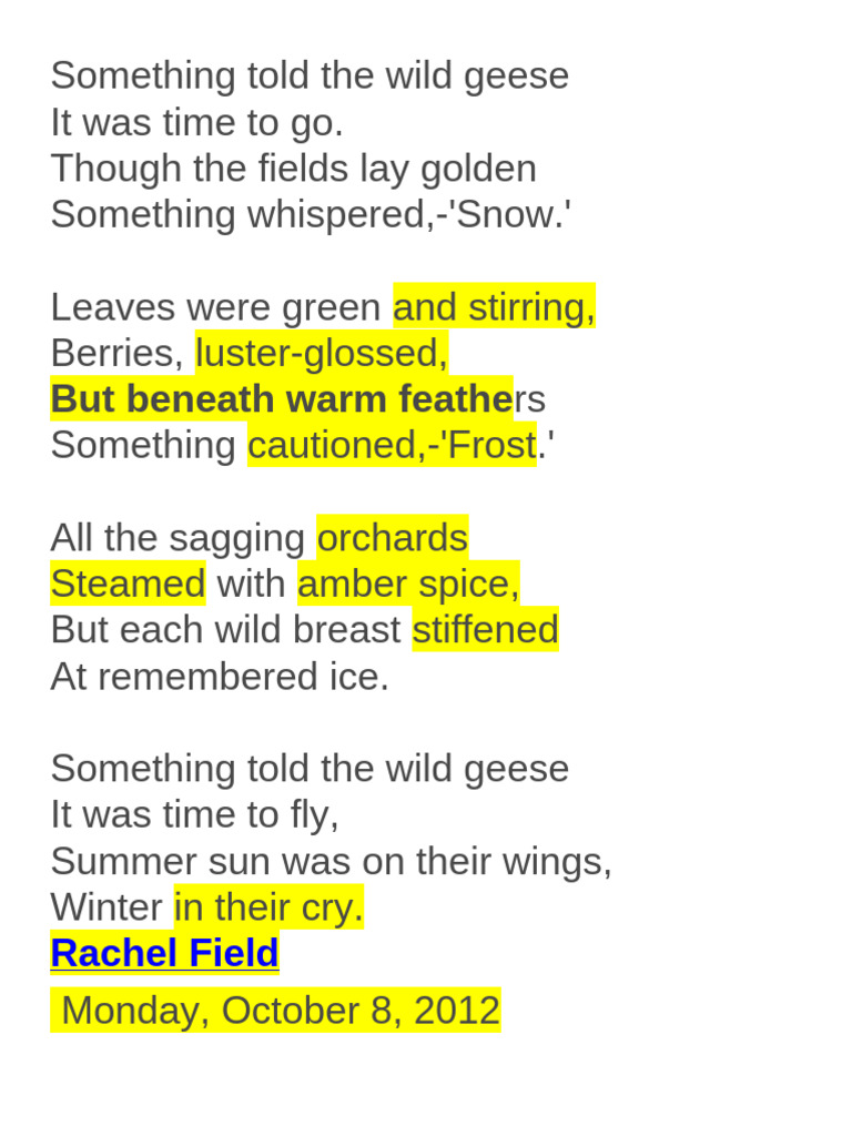 Wild Geese Poem by Rachel Field | PDF