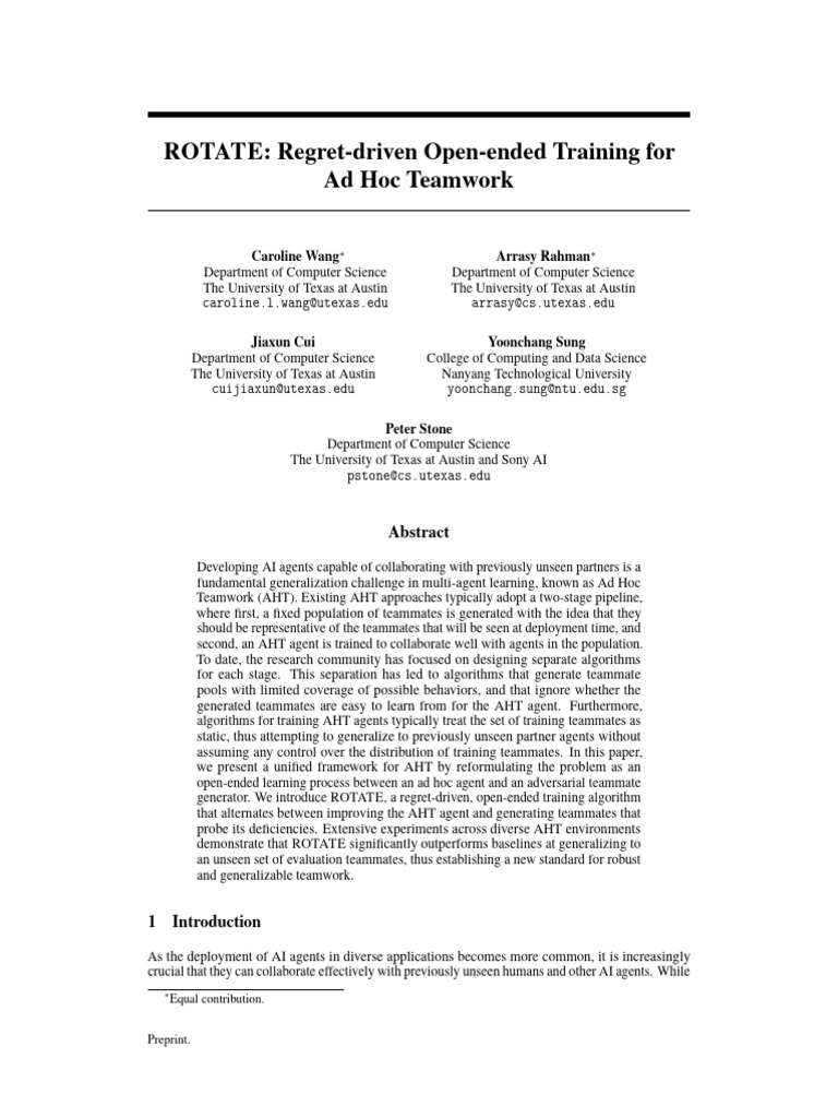 ROTATE: Regret-Driven Open-Ended Training For Ad Hoc Teamwork | PDF | Artificial Intelligence ...