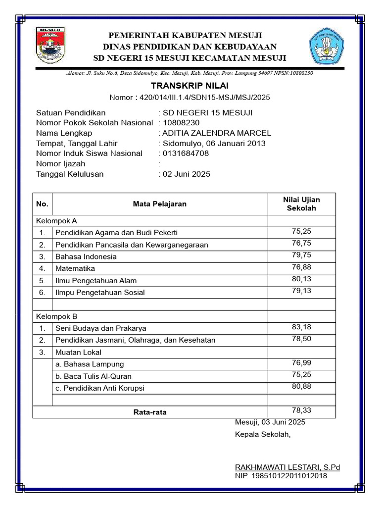 Transkip Nilai SDN 15 Mesuji 2025 | PDF