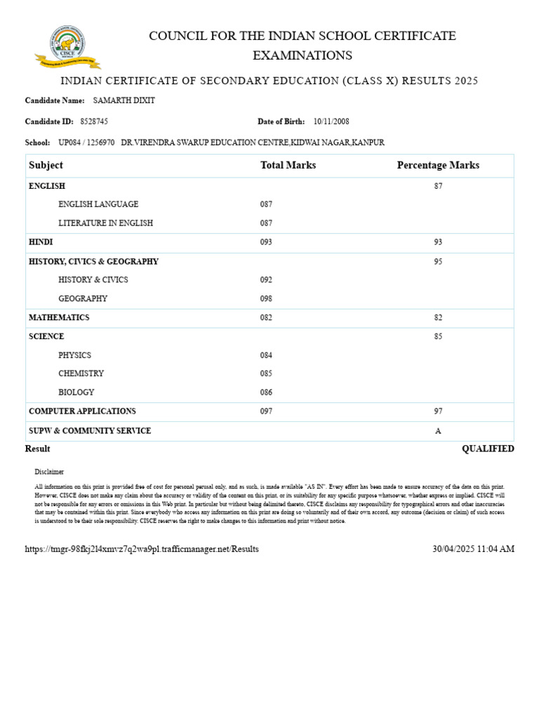 ICSE Class X Results 2025 | PDF
