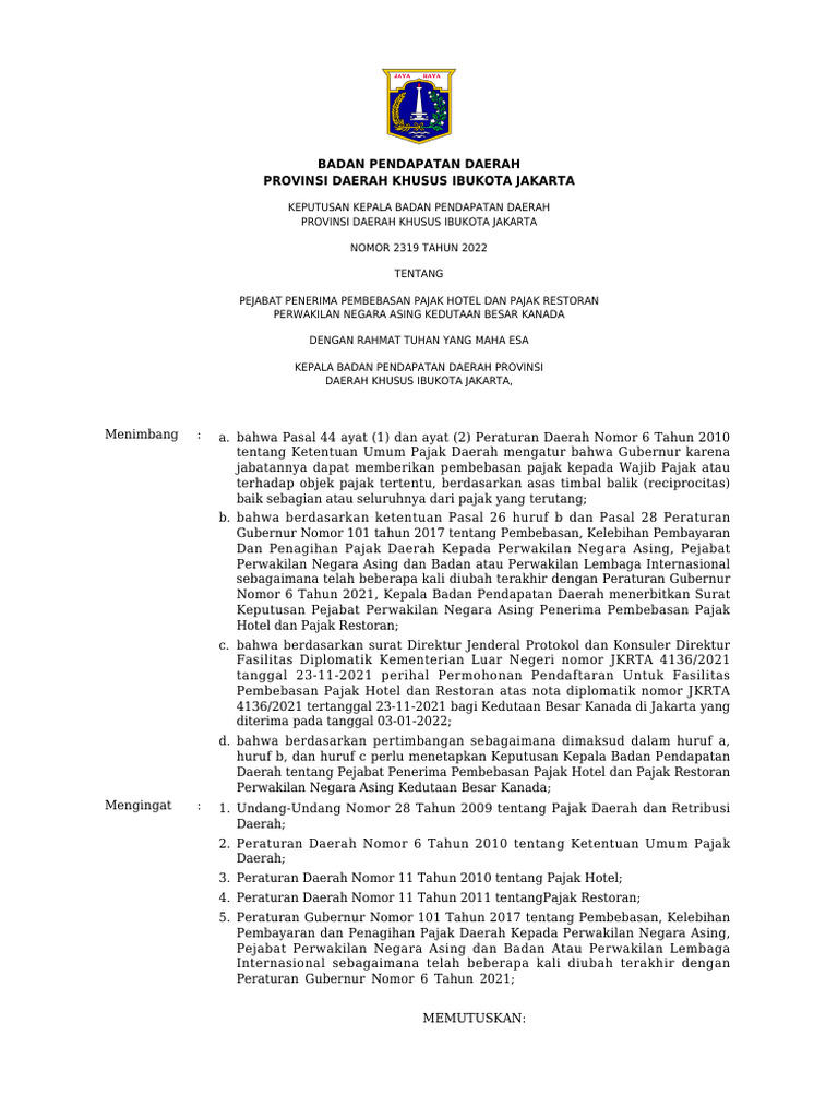 Pejabat Penerima Pembebasan Pajak Hotel Dan Restoran PNA Kedubes Kanada | PDF