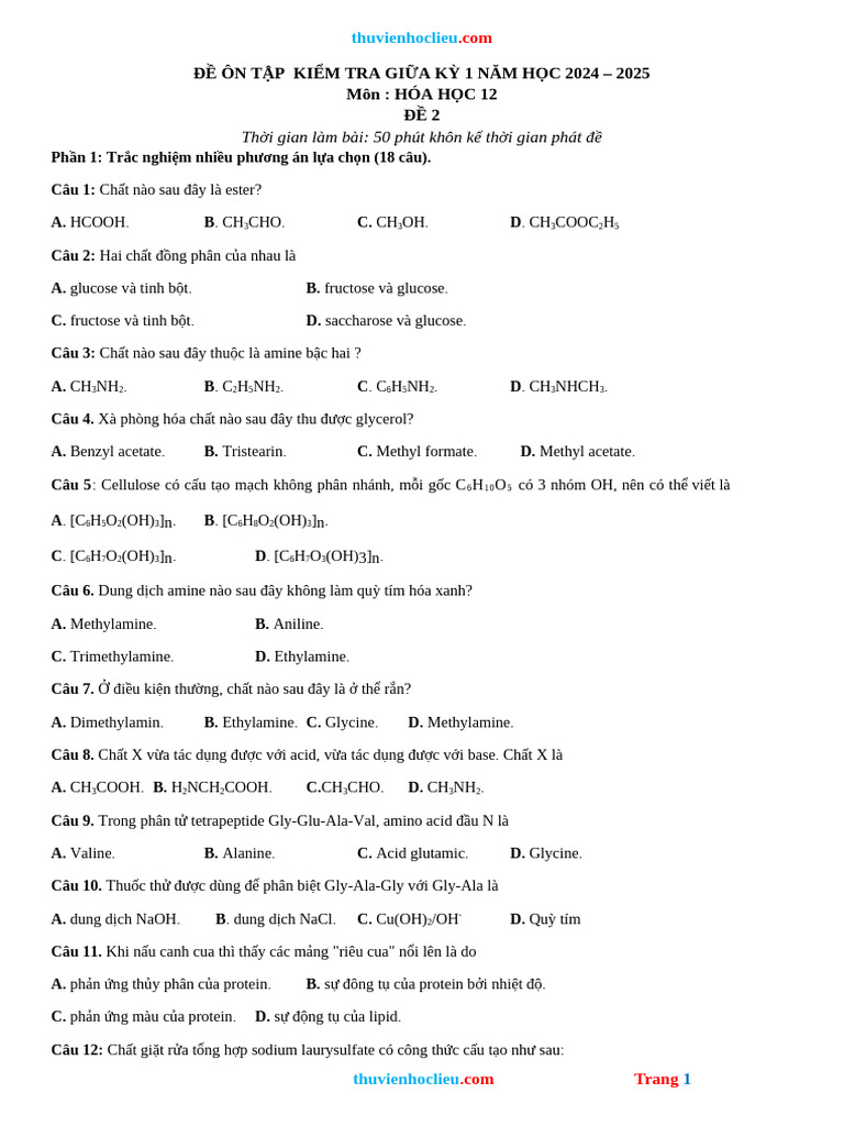 Thuvienhoclieu.com 10 de on Tap Giua HK1 Hoa 12 Canh Dieu CTM | PDF