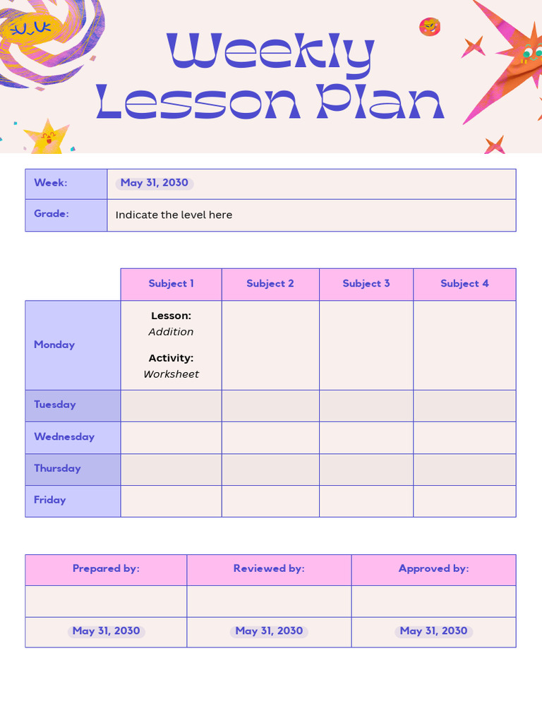 Weekly Lesson Plan Doc in Purple Pink Playful Illustrative Style | PDF