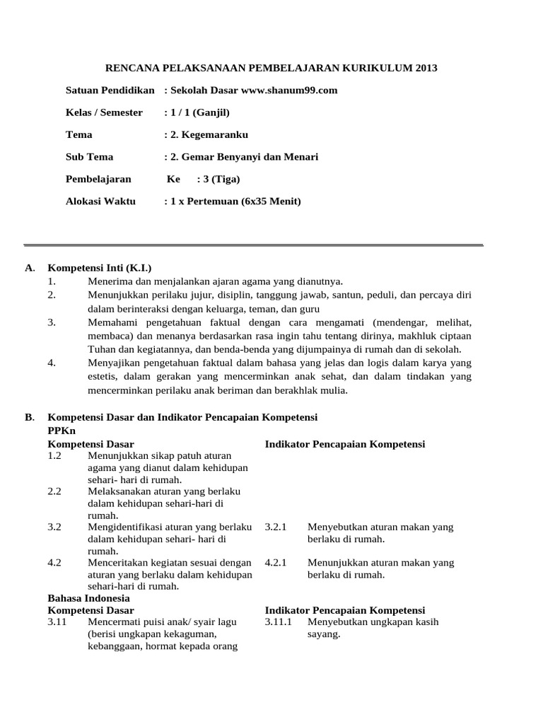 RPP Kelas 1 Tema 2 ST 2 P 3 | PDF