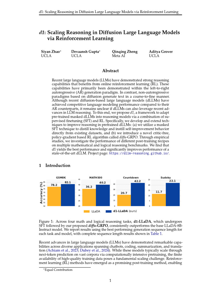 Scaling Reasoning in Diffusion Large Language Models Via Reinforcement Learning | PDF ...