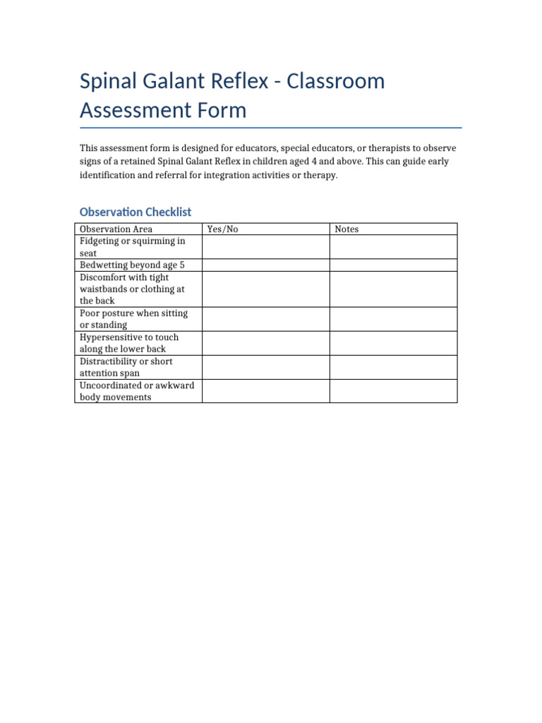Spinal Galant Assessment Form | PDF