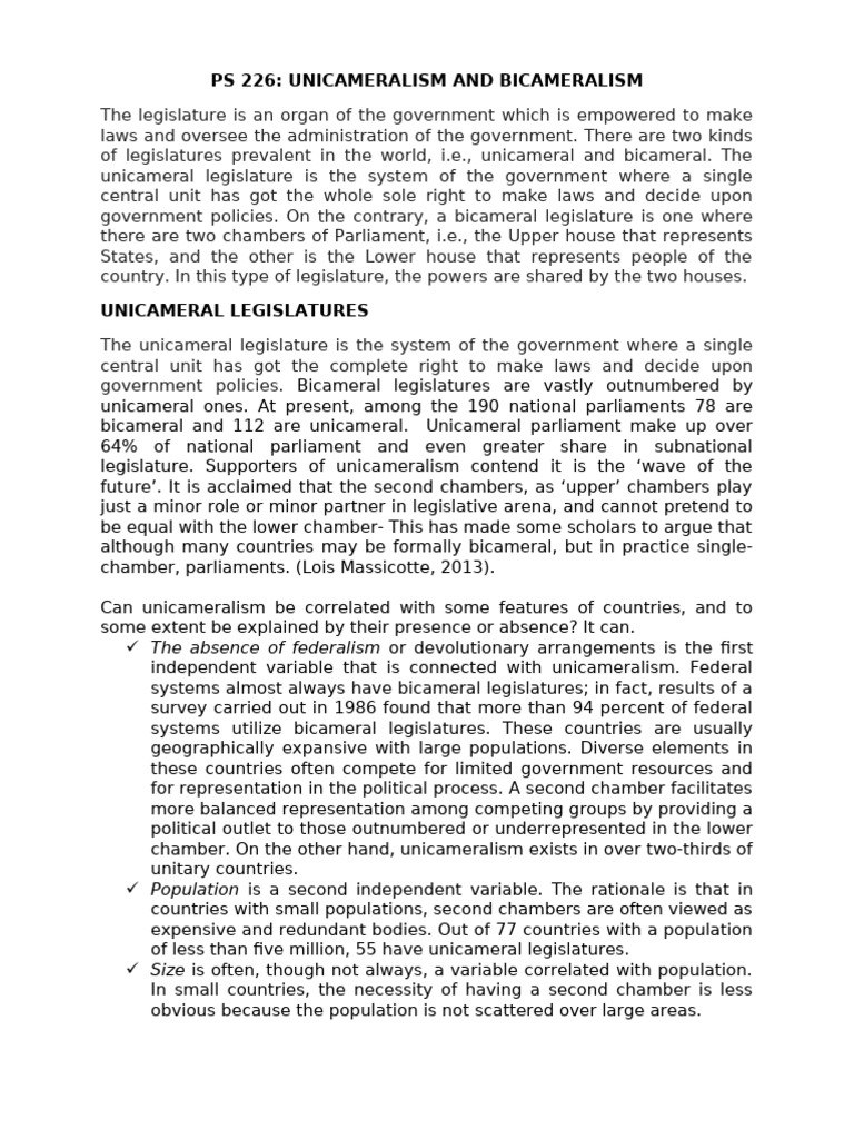 Unicameral vs. Bicameral Legislatures | PDF | Legislature | Political ...