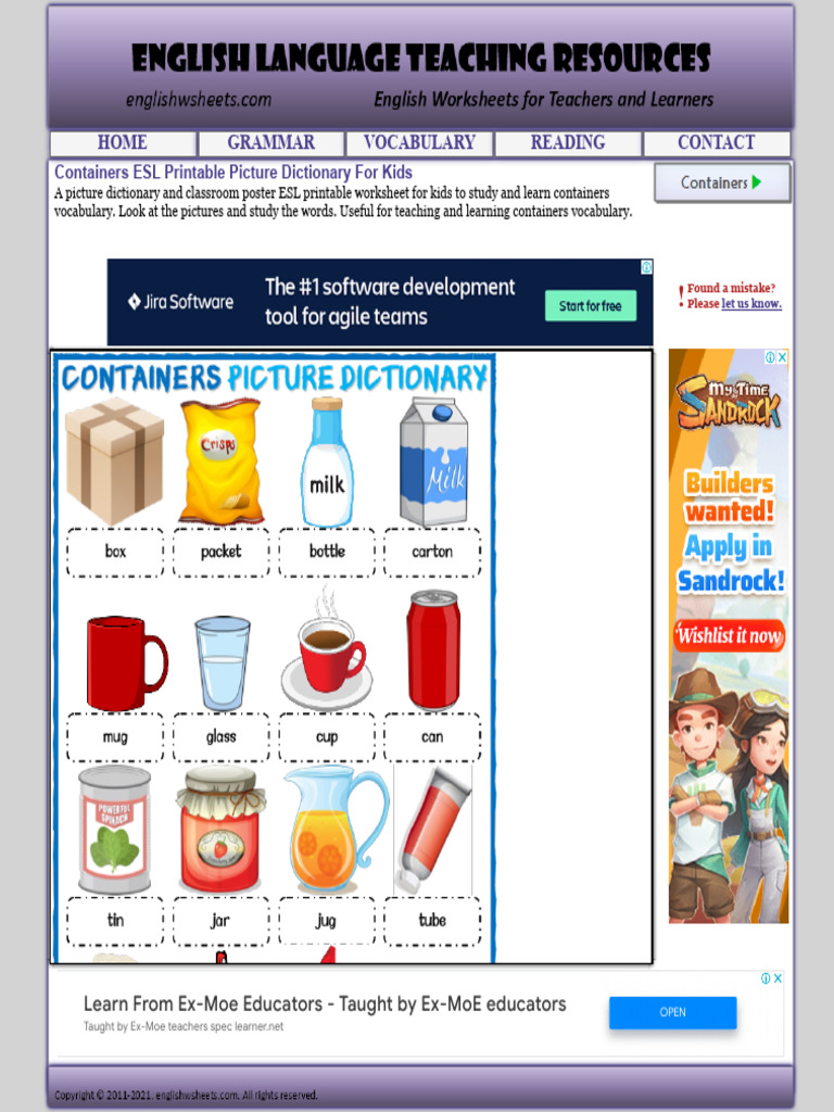Containers ESL Printable Picture Dictionary For Kids | PDF