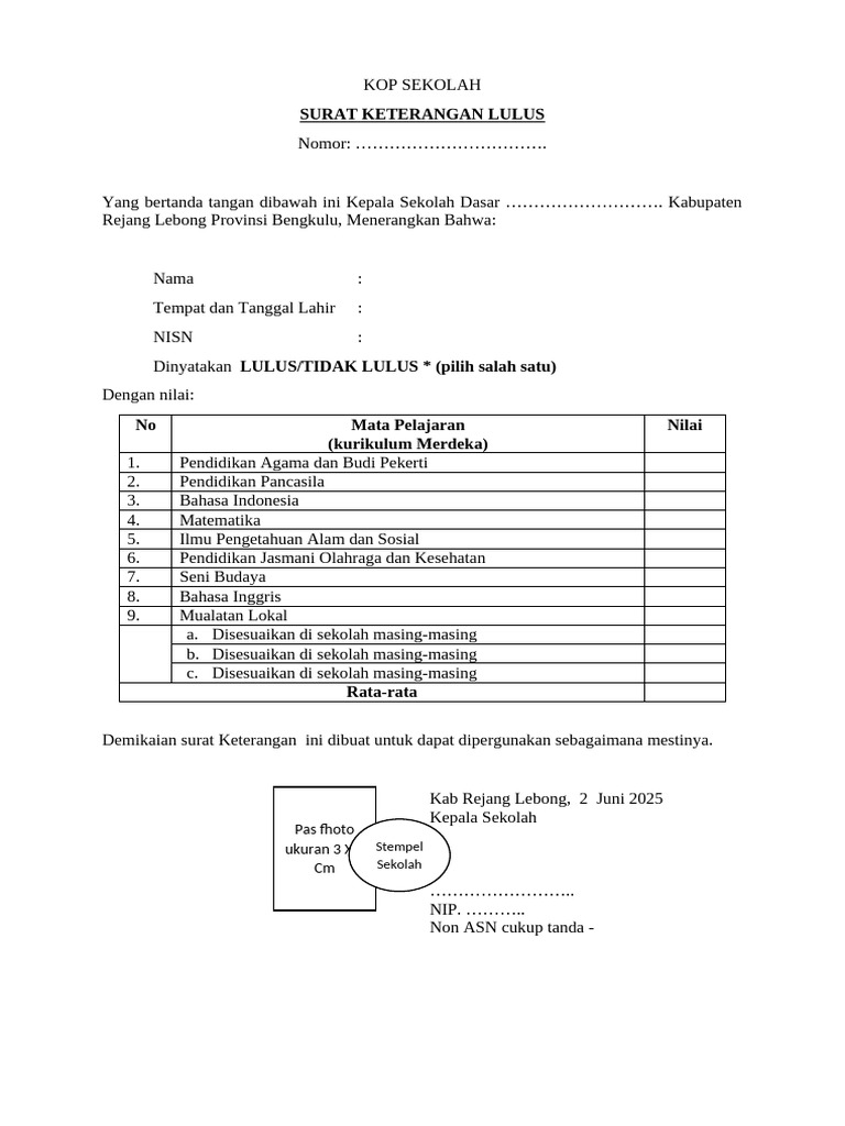 Surat Keterangan Lulus Sekolah Dasar | PDF