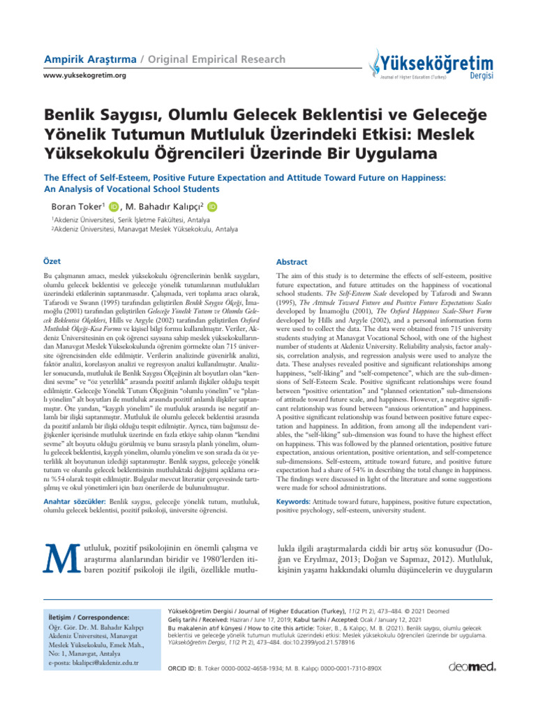 Bilimsel Makale 11 - Özgüven Ve Gelecek | PDF