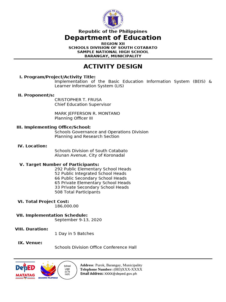 Activity Design Template For Elem and Is If The Activity Is PRESENT in ...