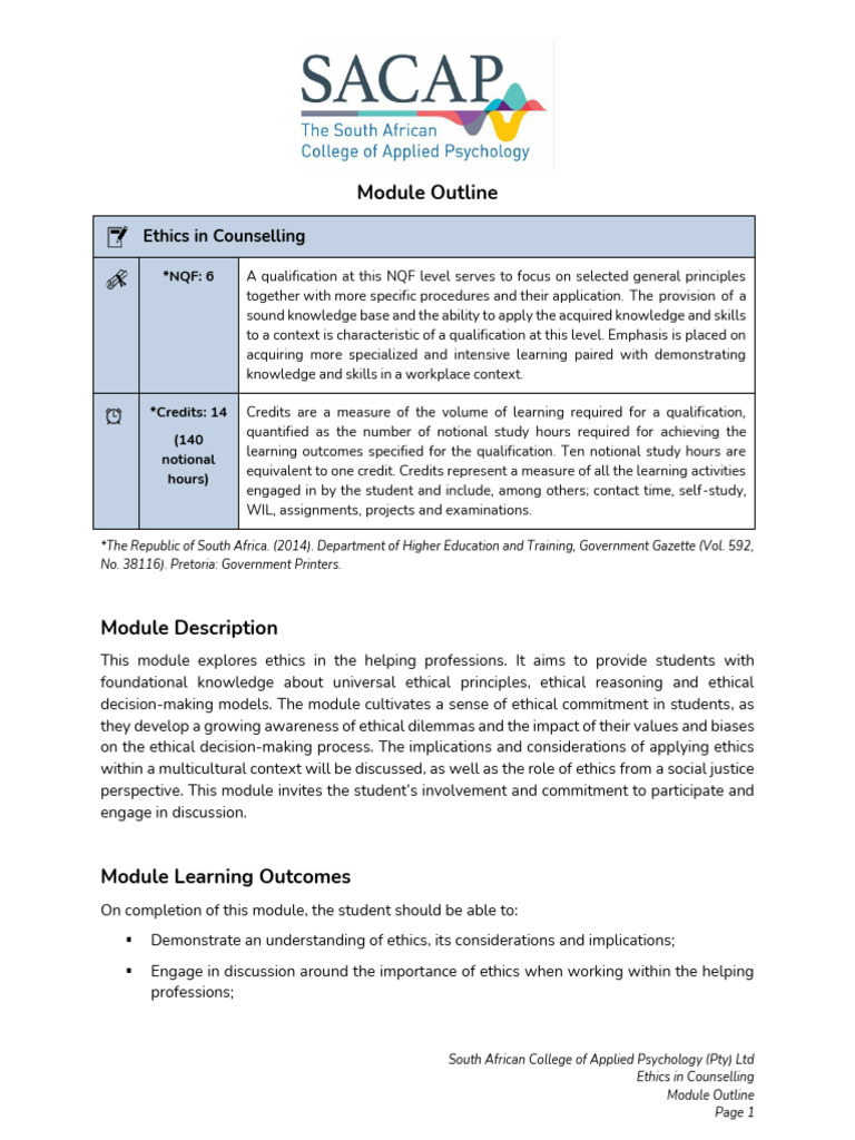 Ethics in Counselling Module Outline | PDF | Turnitin | Psychotherapy