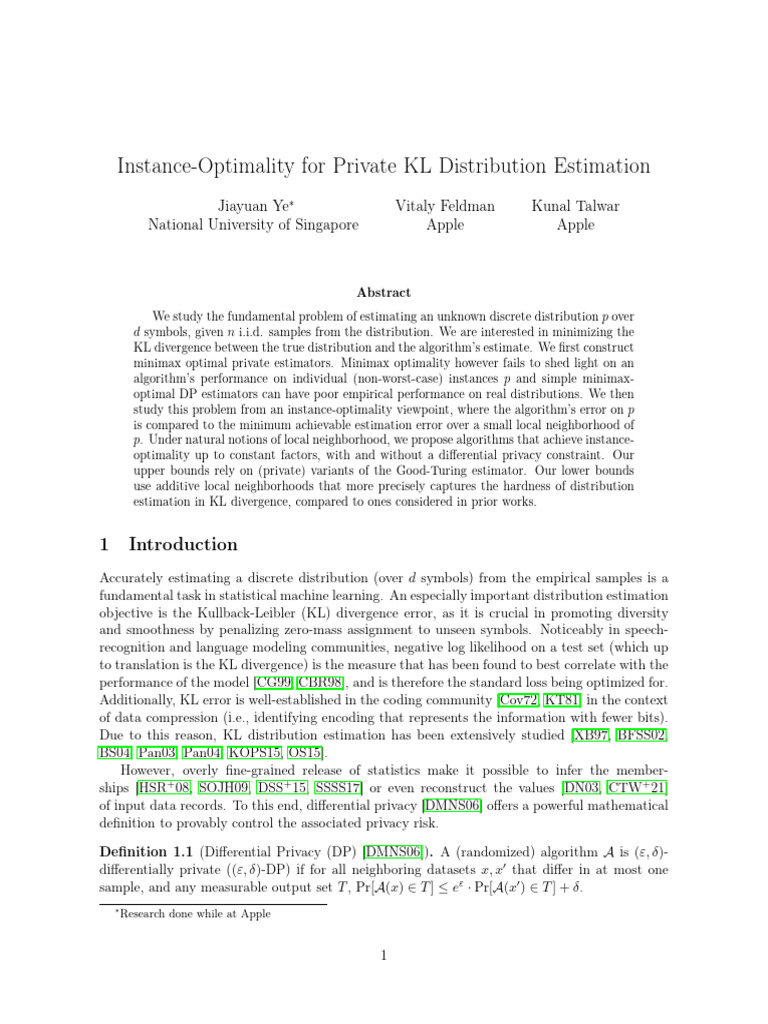 Instance-Optimality For Private KL Distribution Estimation | PDF | Estimation Theory ...