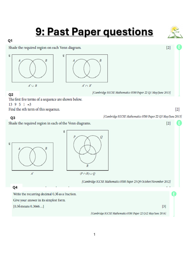 Mathematics Igcse Chapter 9 Past Paper Questions | PDF
