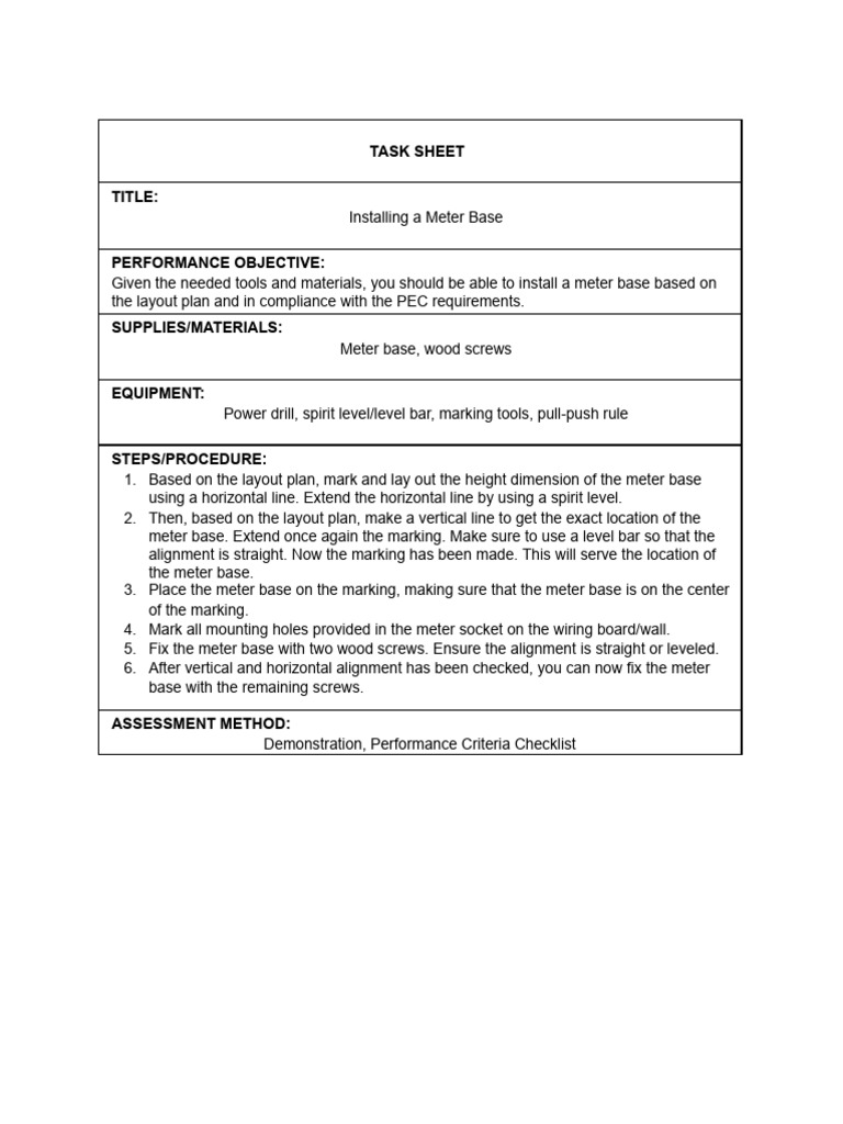 Task Sheet - Installing A Meter Base | PDF