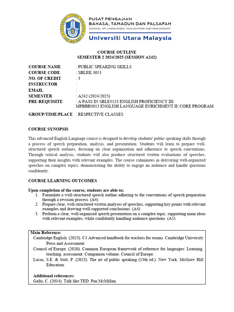 A242 Sble3163 Course Outline | PDF | Public Speaking | Cognition