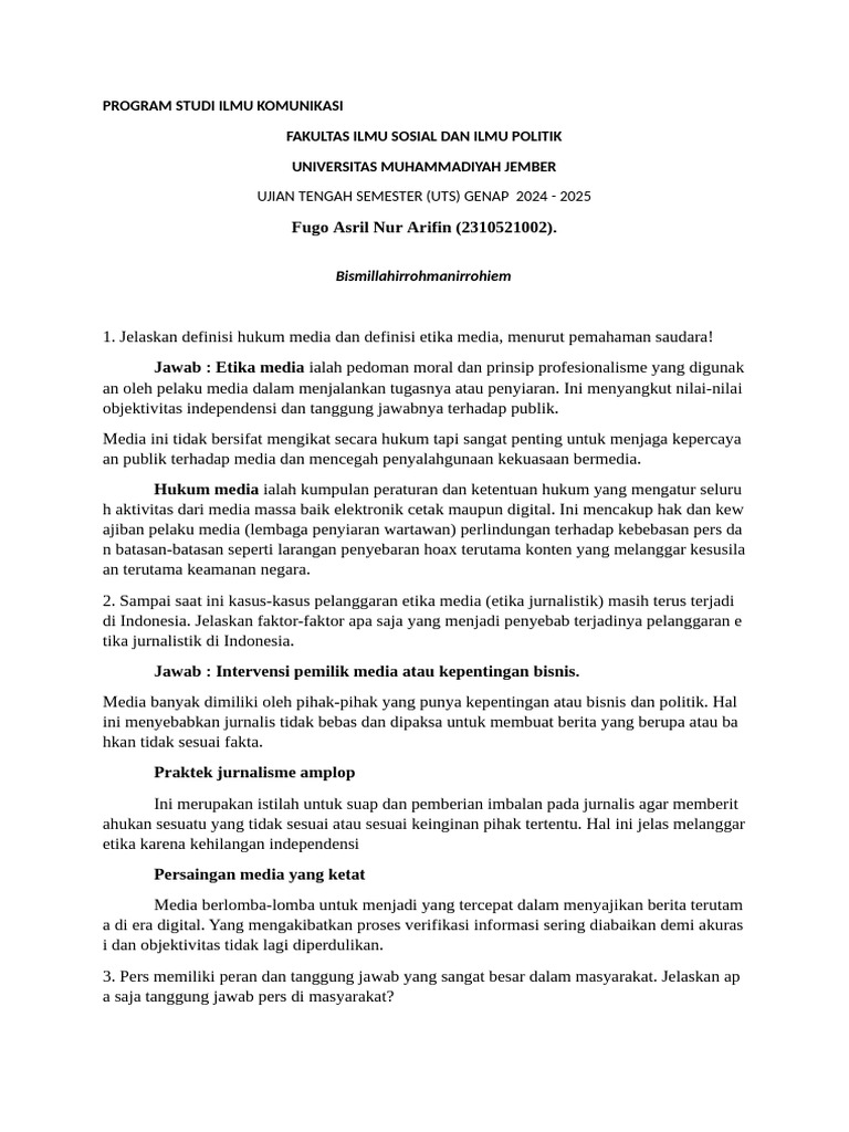 Fugo Asril Nur Arifin (2310521002) Uts Etika Media. | PDF