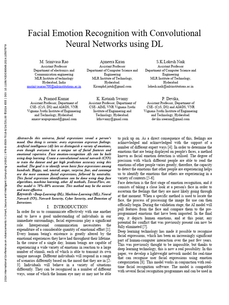 Facial Emotion Recognition With Convolutional Neural Networks Using DL | PDF | Deep Learning ...
