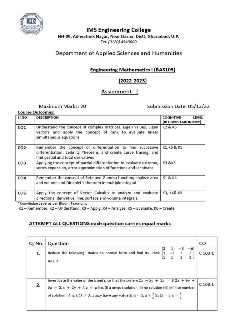 1130 Assignment Unit I | PDF | Eigenvalues And Eigenvectors | Matrix (Mathematics)
