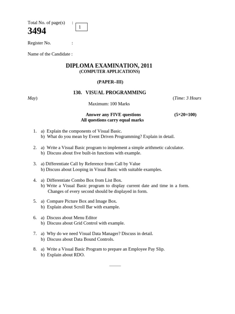 Visual Basic Diploma Exam Questions | PDF