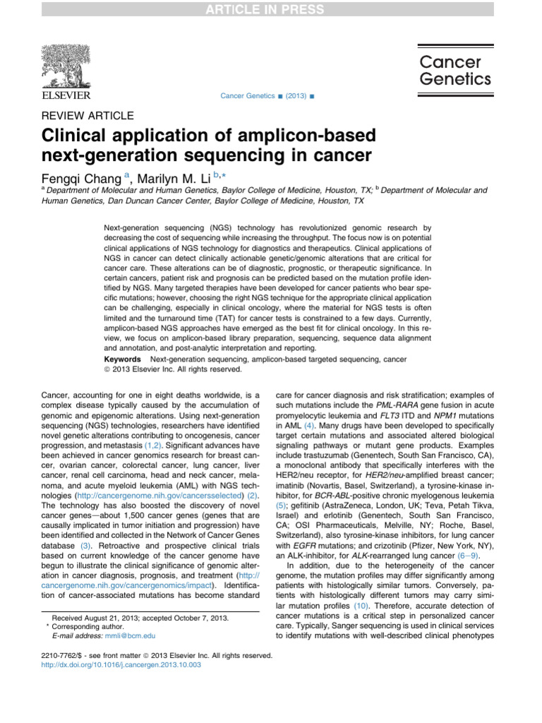 Clinical Applications Of Amplicon Based Ngs In Cancer Pdf Dna Sequencing Nucleic Acids