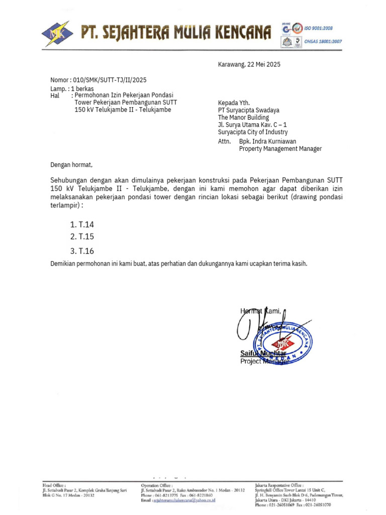 Permohonan Izin Pondasi Tower SUTT | PDF