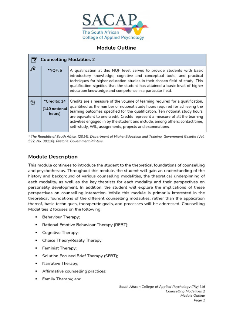 Counselling - Modalities 2 - Module Outline | PDF | Psychotherapy ...