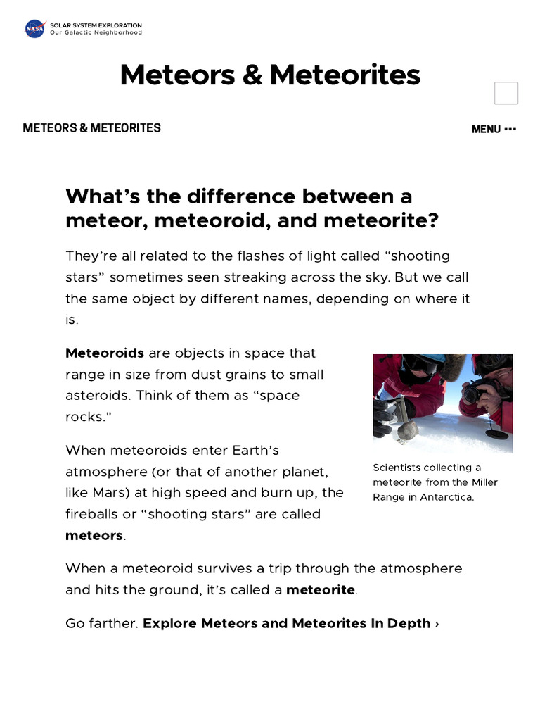 Overview Meteors & Meteorites - NASA Solar Syste | PDF | Meteoroid ...