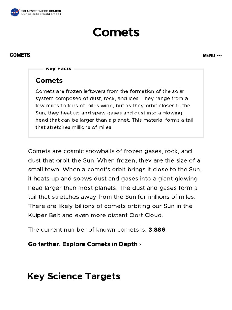 Overview Comets - NASA Solar System Exploration. | PDF