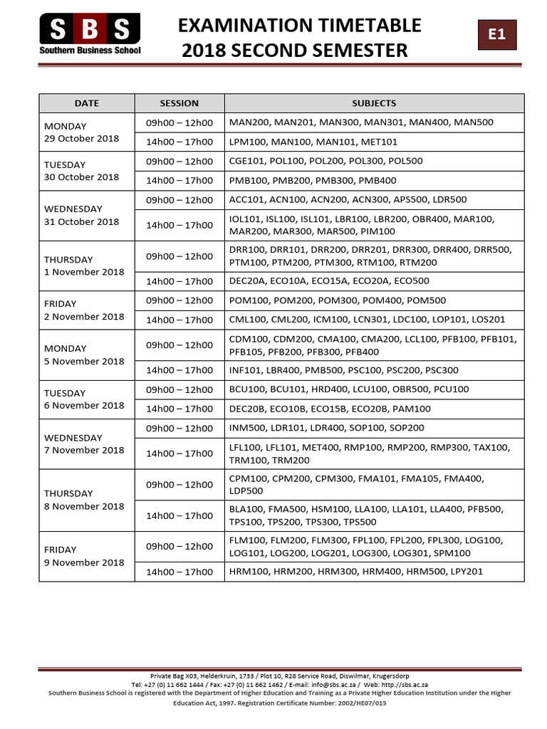 Sbs Exam Timetable 2018 02 Sa & Nam (E1) - Final | PDF | Educational Stages