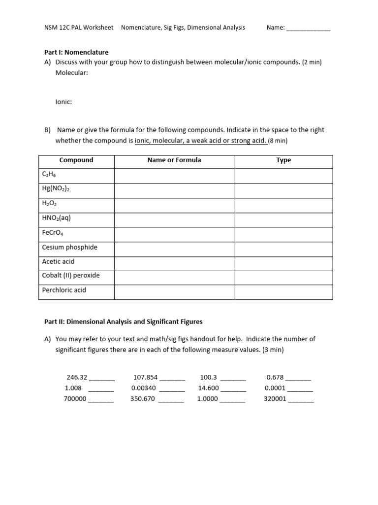 W 2. Worksheet 1. Nomenclature, Sig Figs, and Dimensional Analysis ...